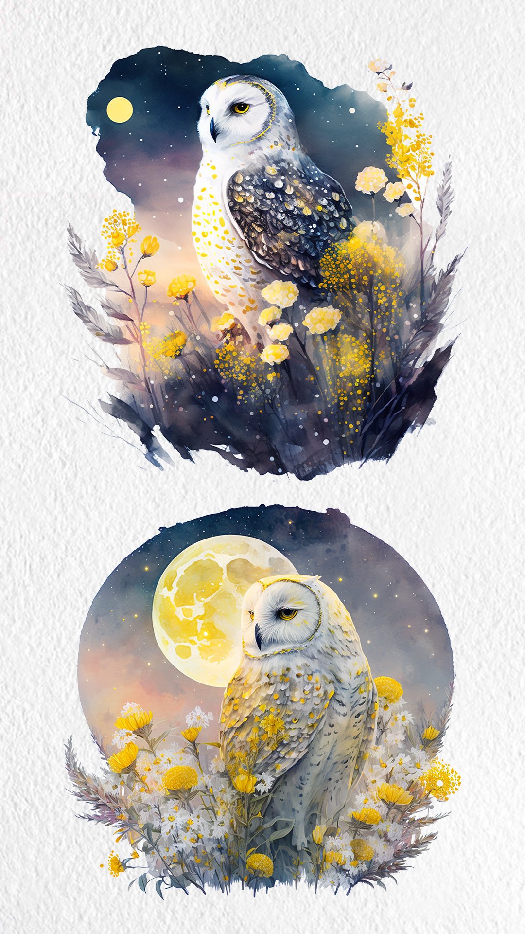 Celestial Owl and Moon Watercolor Clipart