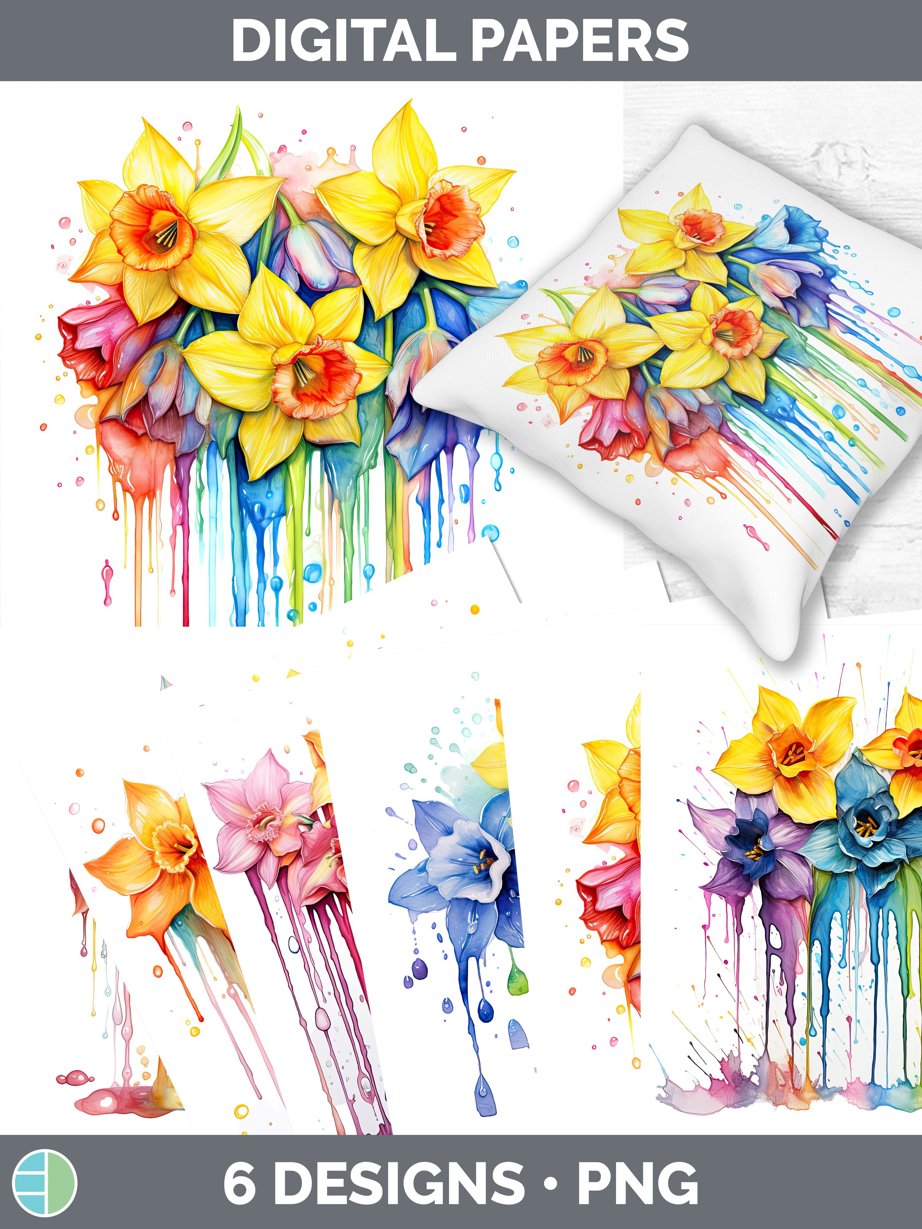 Splat Rainbow Daffodil Flowers Paper Backgrounds | Digital S
