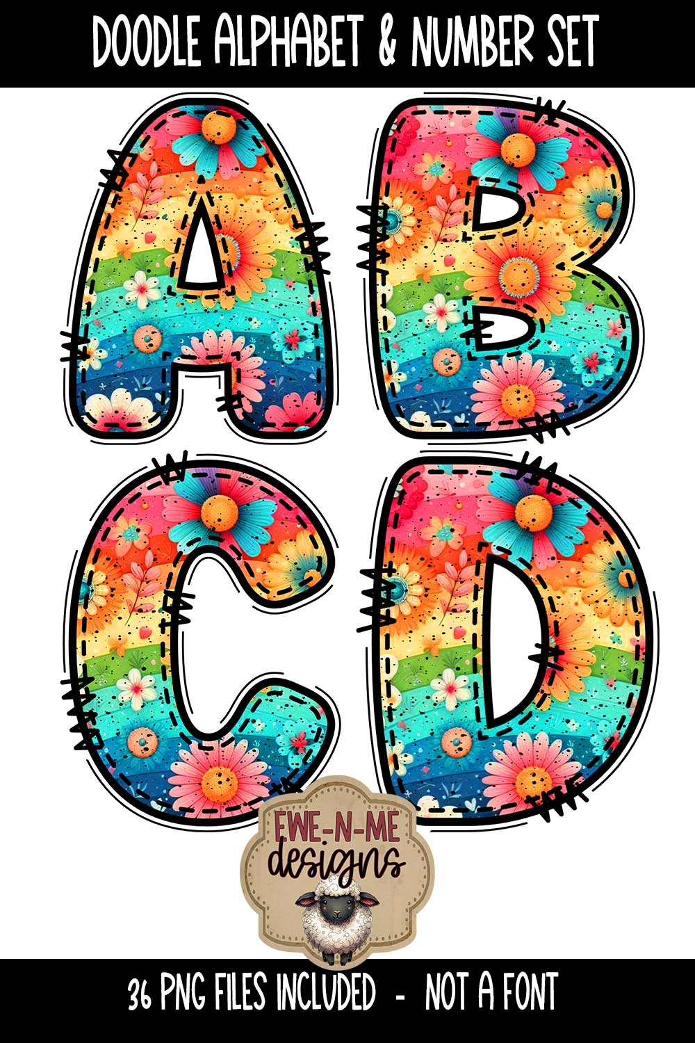 Rainbow Daisy Doodle Alphabet Numbers | Cute PNG Letters