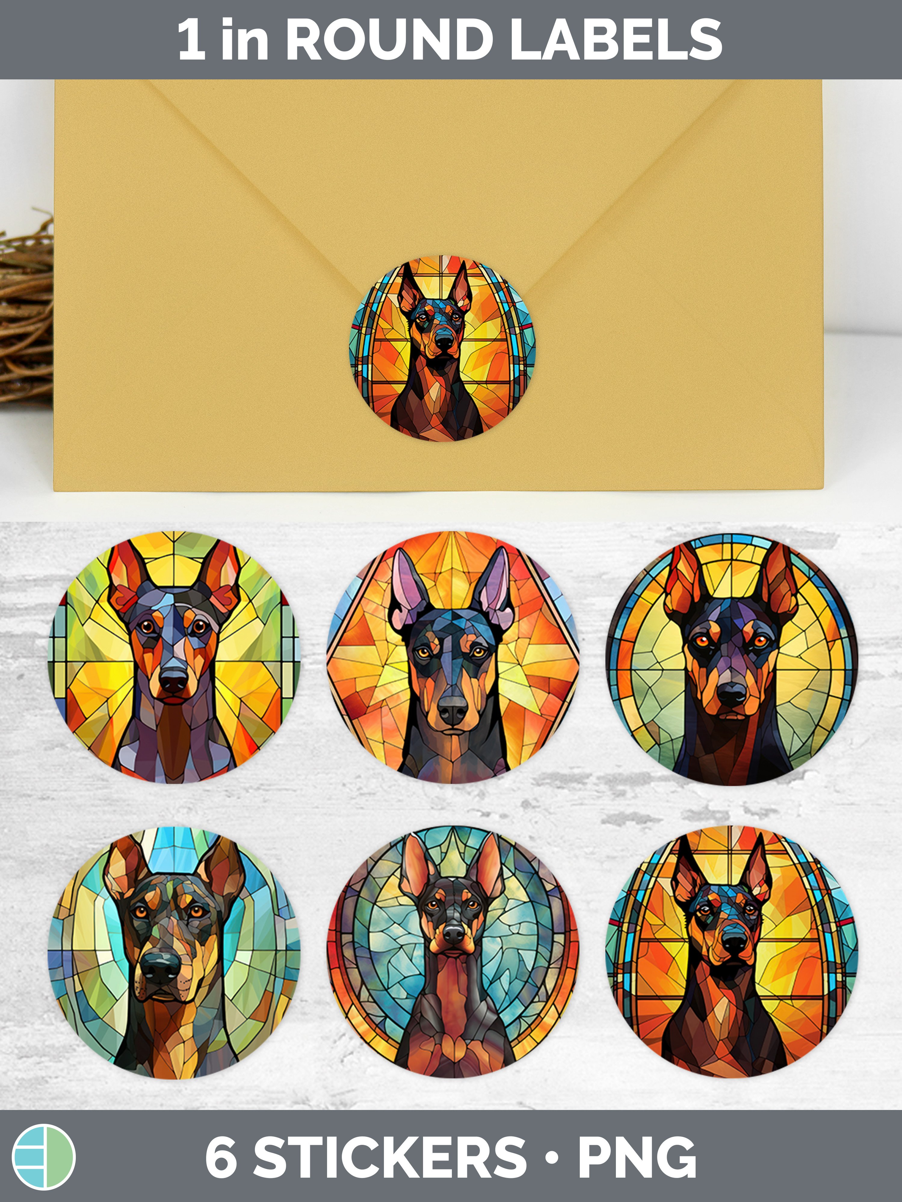 Stained Glass Doberman Pinscher Dog Stickers | Round Labels