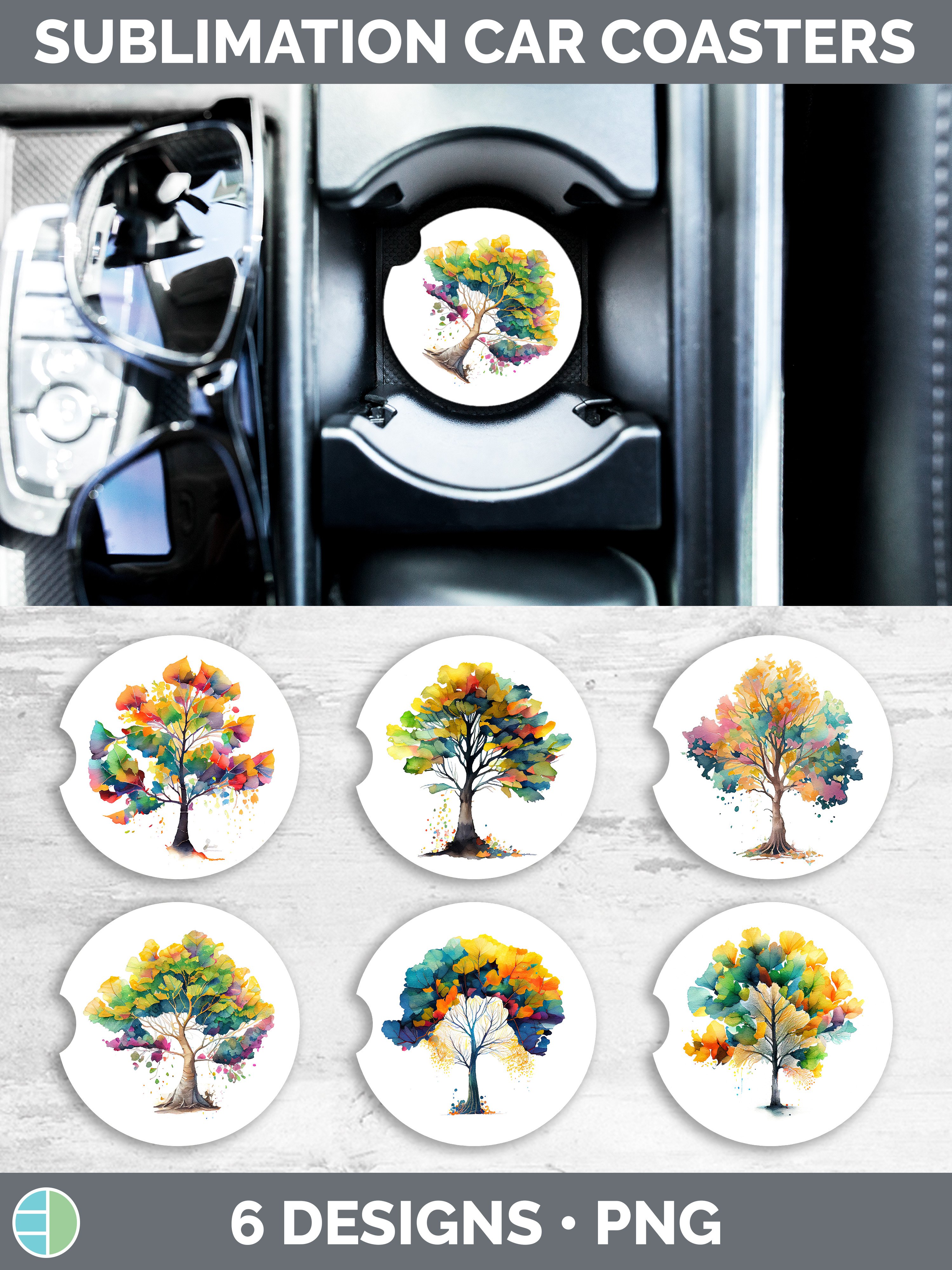 Rainbow Gingko Trees Car Coaster | Sublimation Coaster Desig