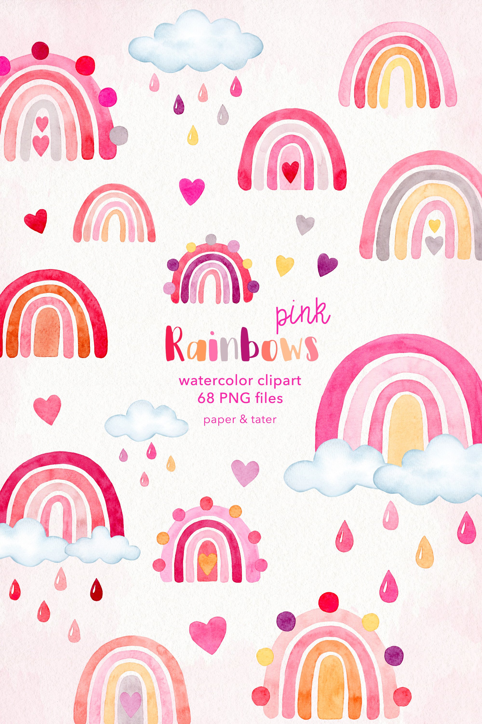 Watercolor Pink Boho Rainbows Clipart, Valentine Rainbow PNG