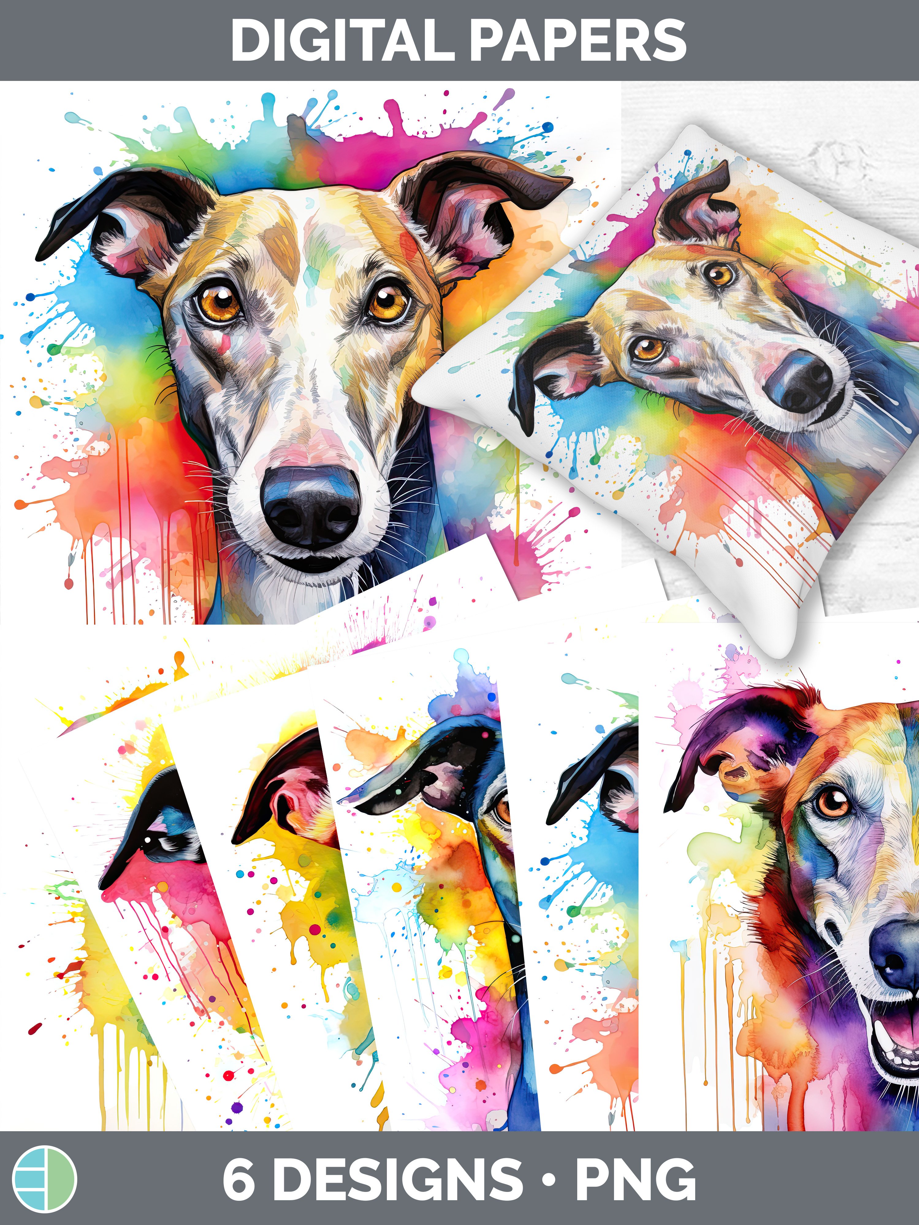 Splat Rainbow Greyhound Dog Paper Backgrounds | Digital Scra