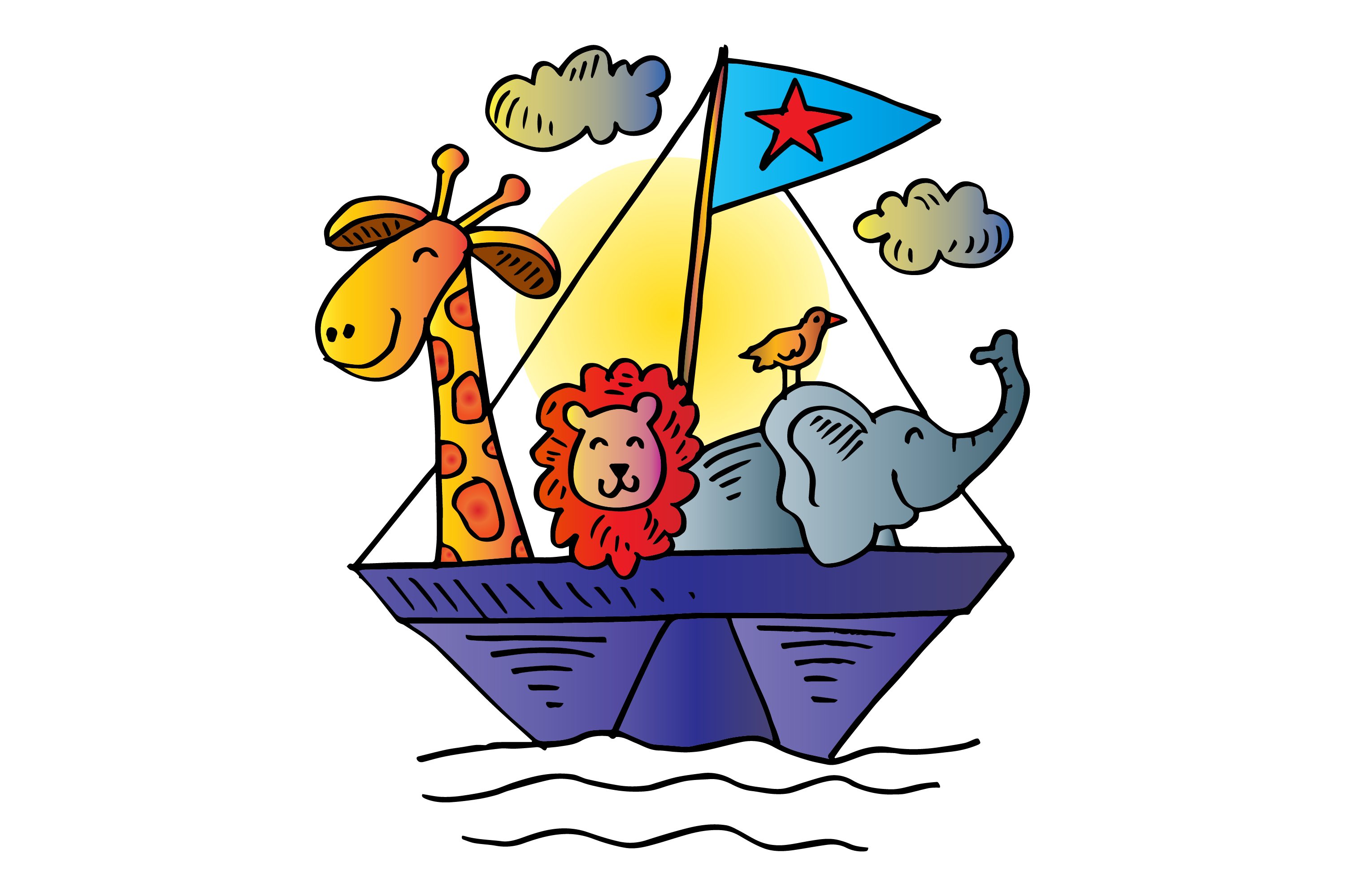 Cute animals on boat. cartoon illustration.