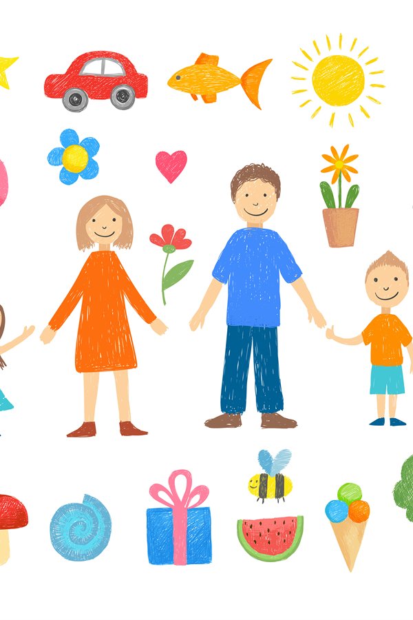 Kids drawings. How to draw little childrens pencil colored c