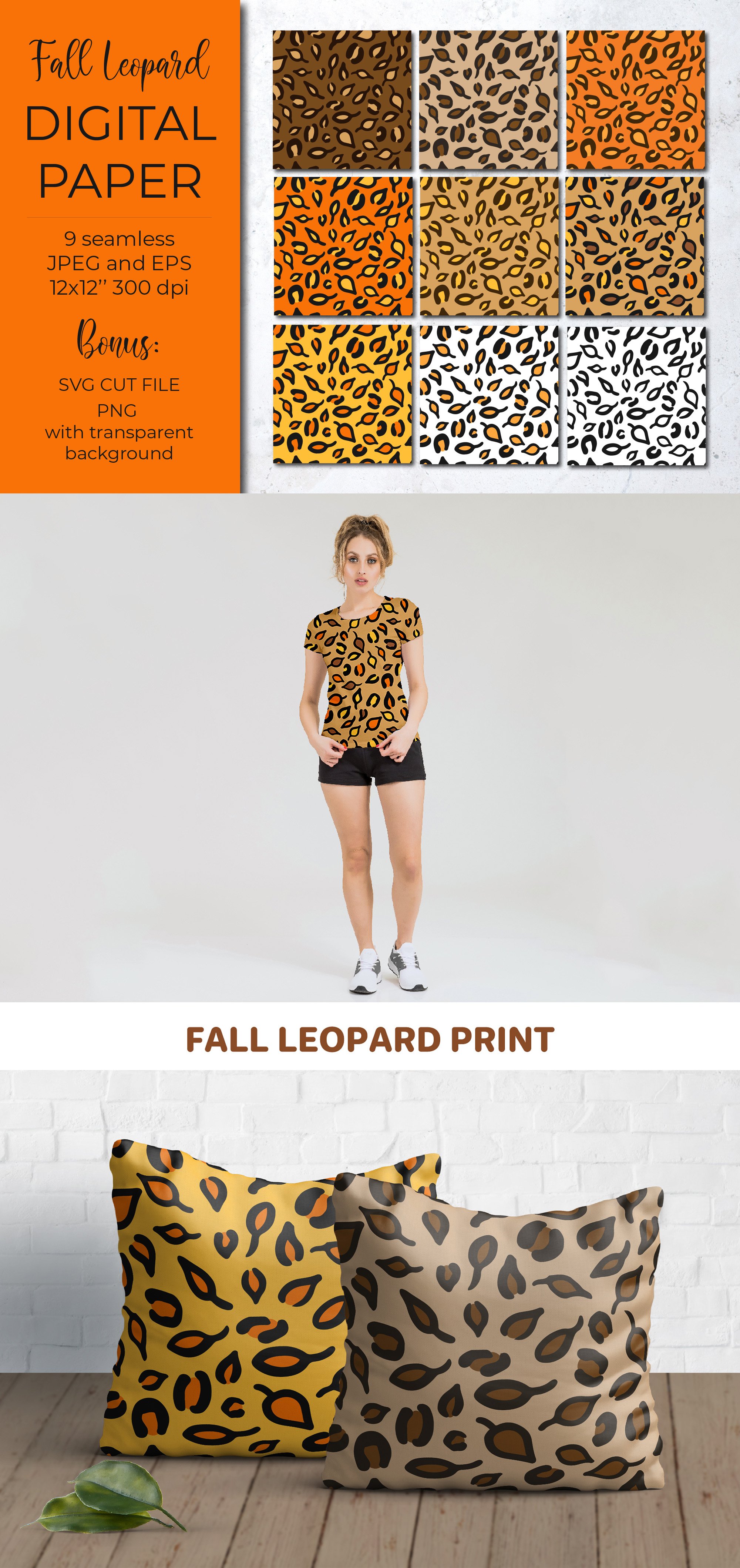 Autumn leopard digital paper. Fall leaves leopard print SVG