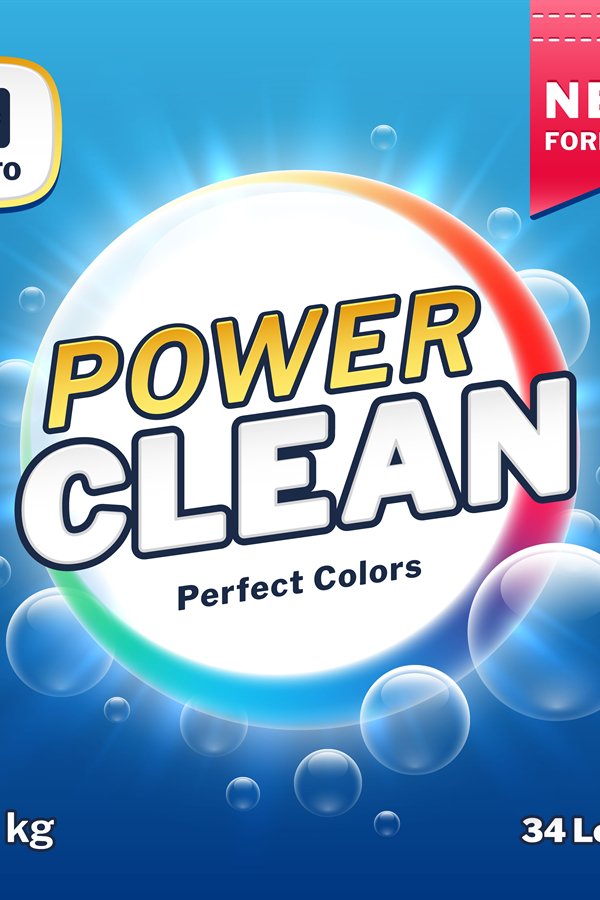 Clean power - soap and laundry detergent packaging. Washing