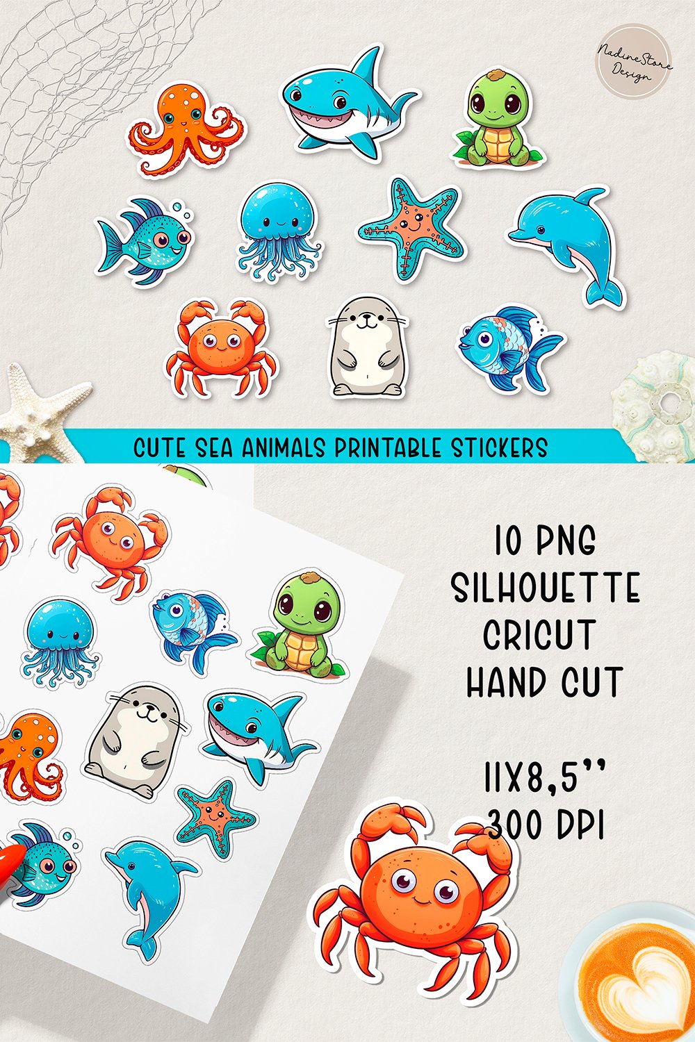 Cute sea animals printable stickers. Cricut stickers. PNG.