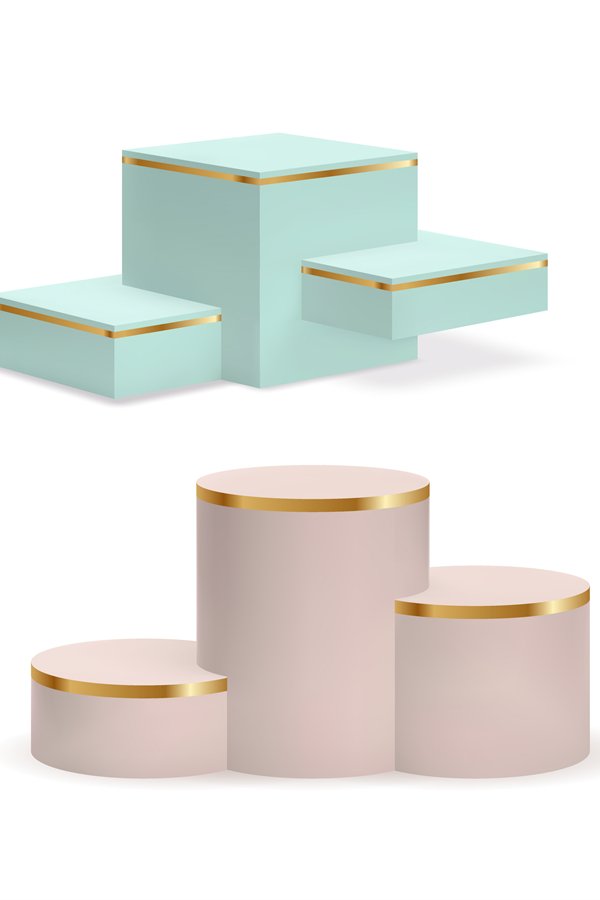 Realistic golden podiums, cylinder pedestals and display pla