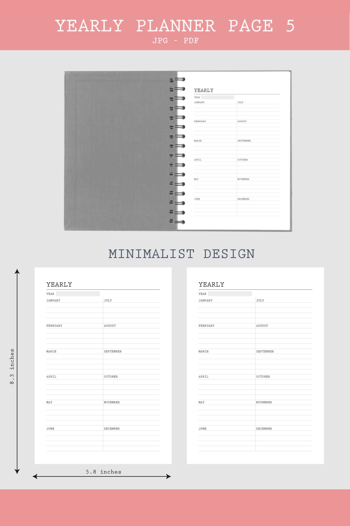 Yearly Planner bullet journal pages printable A5
