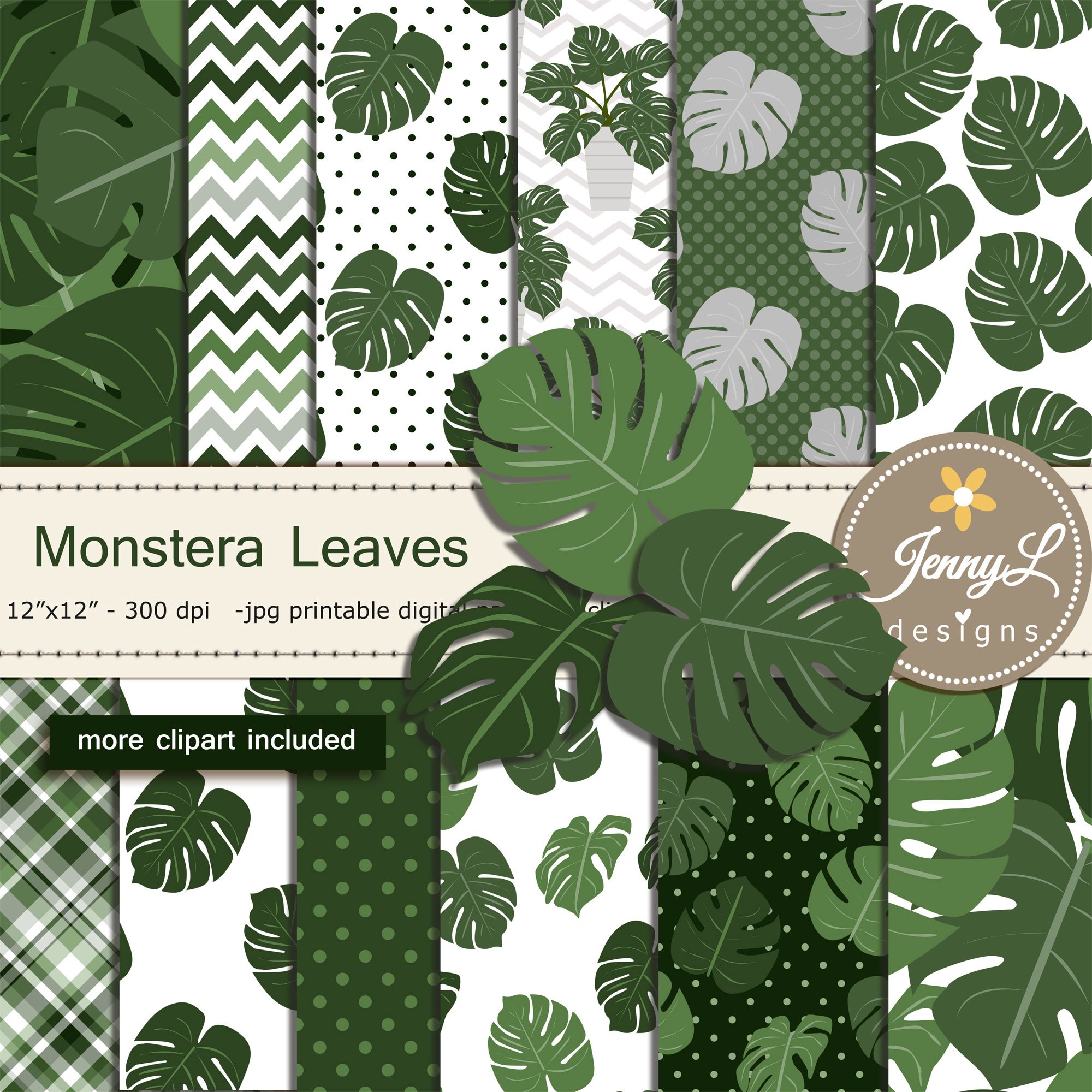 Monstera Leaves Plant Digital Paper and Clipart