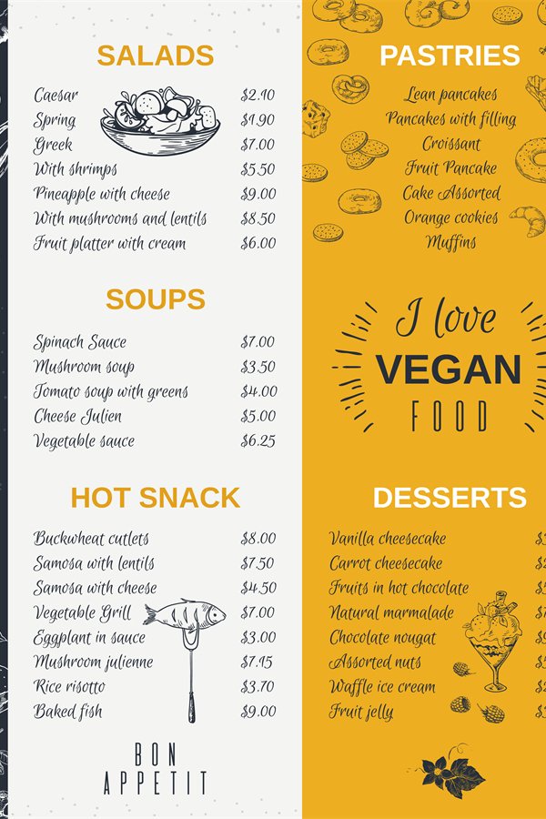 Hand drawn restaurant menu. Food cooking vintage template, d