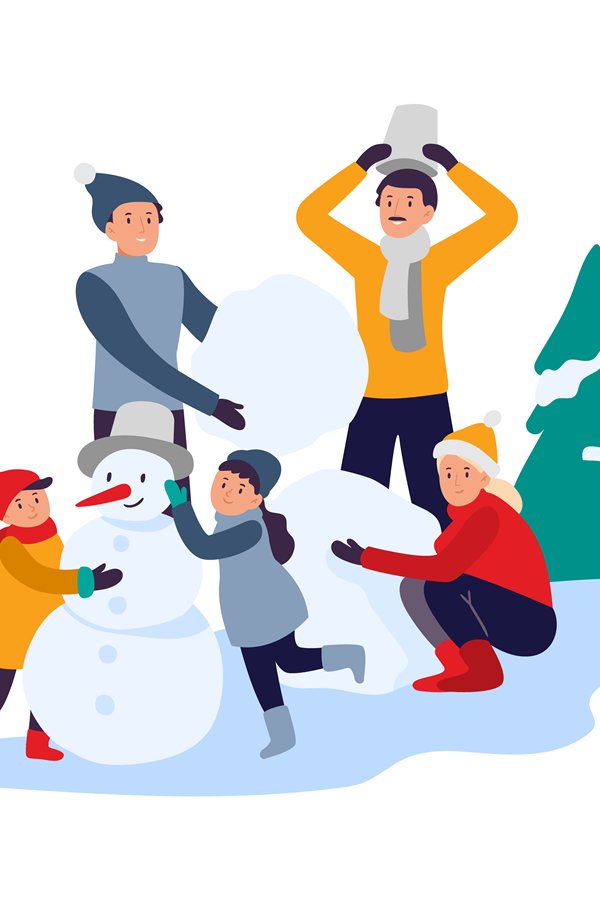 Winter activities. Happy family making snowman. Parents with