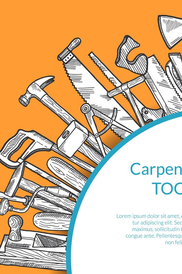 Hand drawn woodwork tools. Carpentry sketch elements