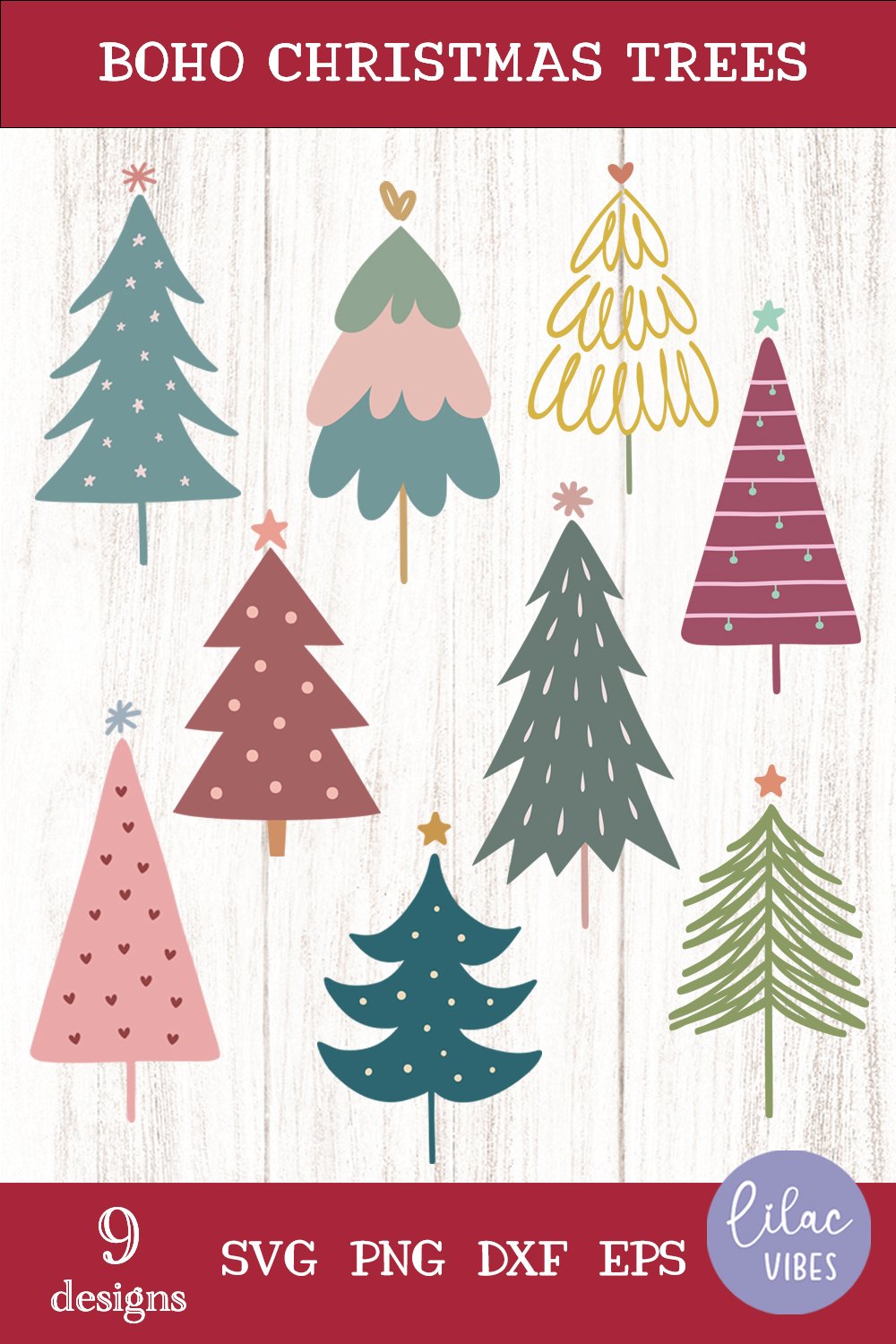 Boho Christmas Trees SVG Bundle, 9 Clipart Designs