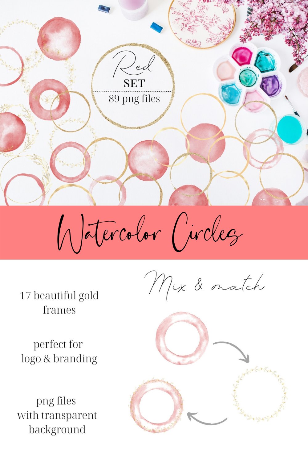 Gold circles with red watercolor, Watercolor (2514923)