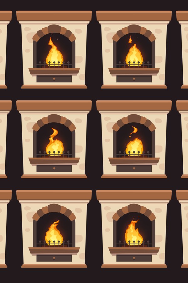 Animated fire in fireplace. Flames animation in retro home w