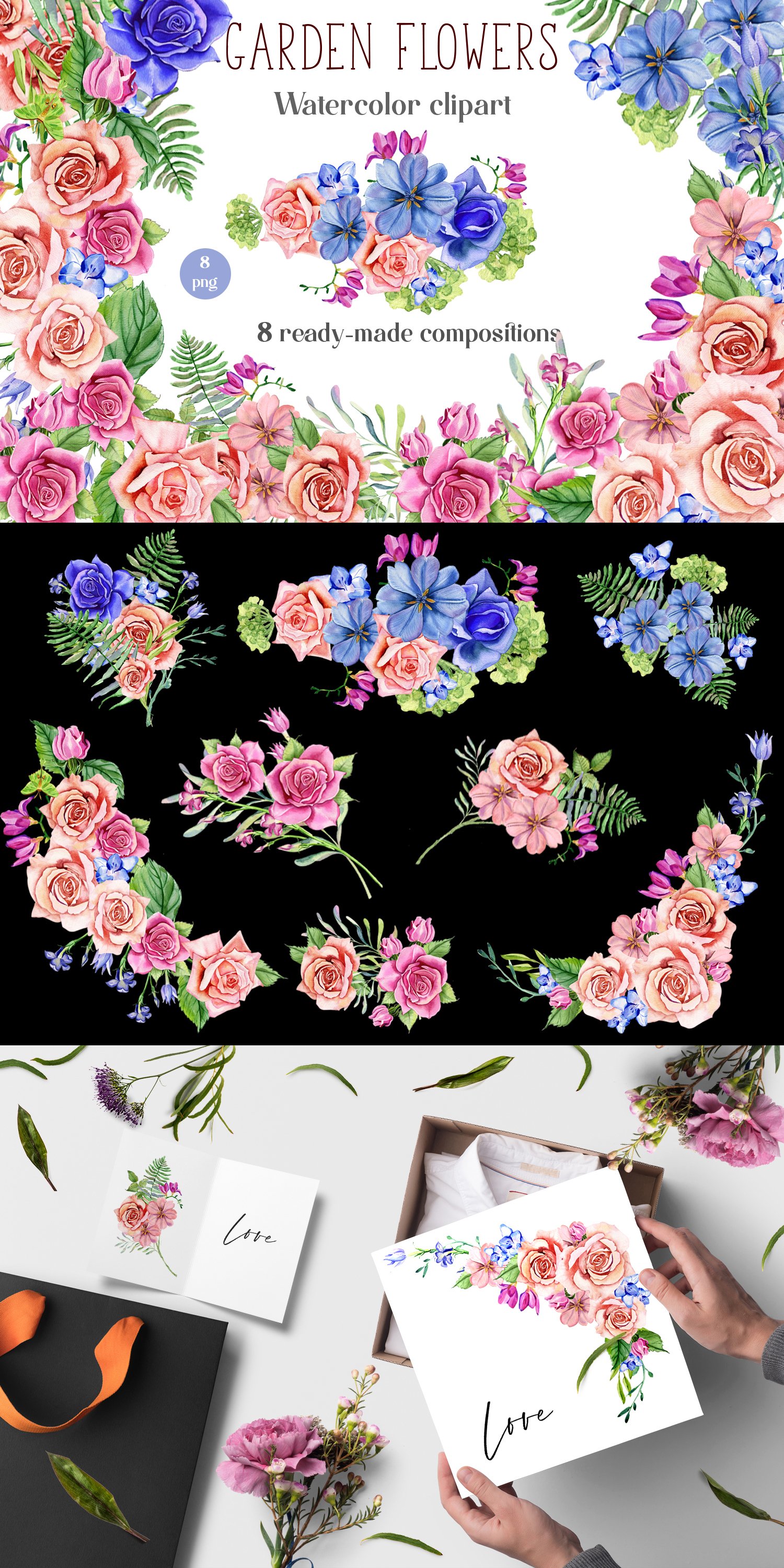 Watercolor Garden Flowers. Sublimation PNG