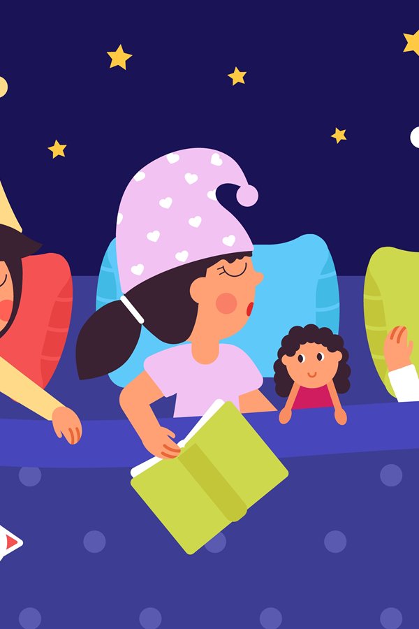 Sleepy kids. Night dreams, children sleep in bed with toys.