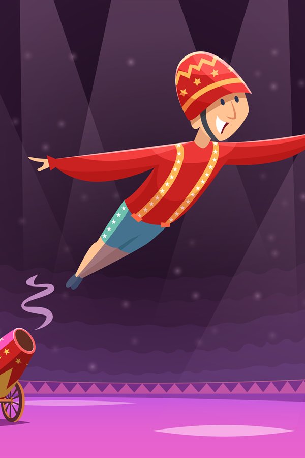 Circus cannon show. Shooting gun on cirque arena performer c