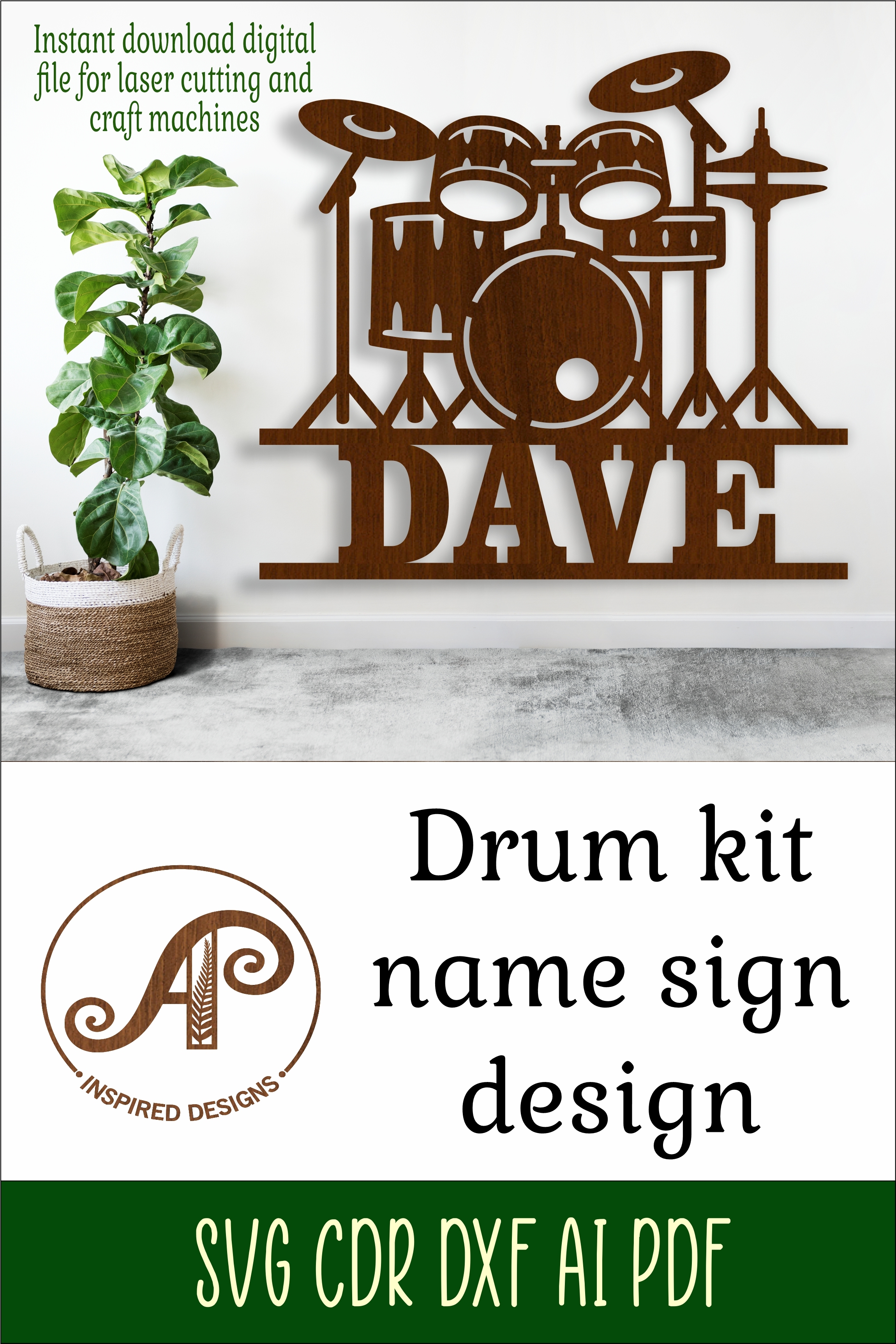 Drum kit name sign svg laser cut file