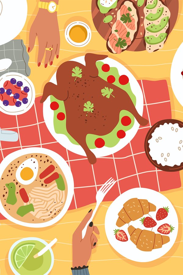 Lunch top view. Cartoon people having dinner at home or in r