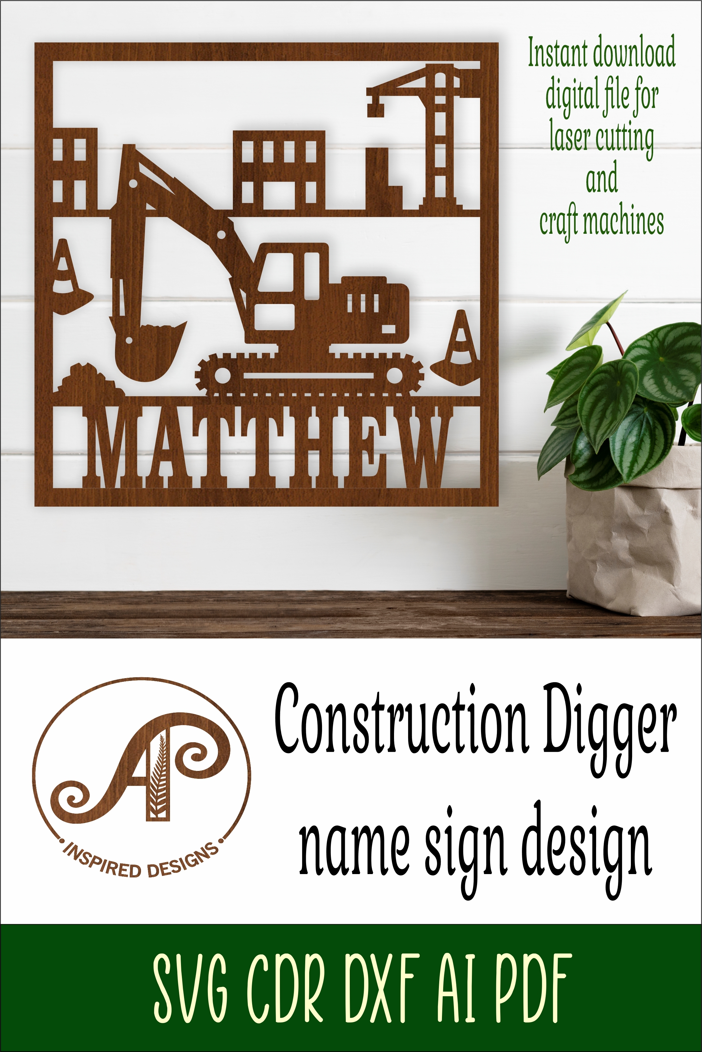 Construction Digger name wall art sign or card