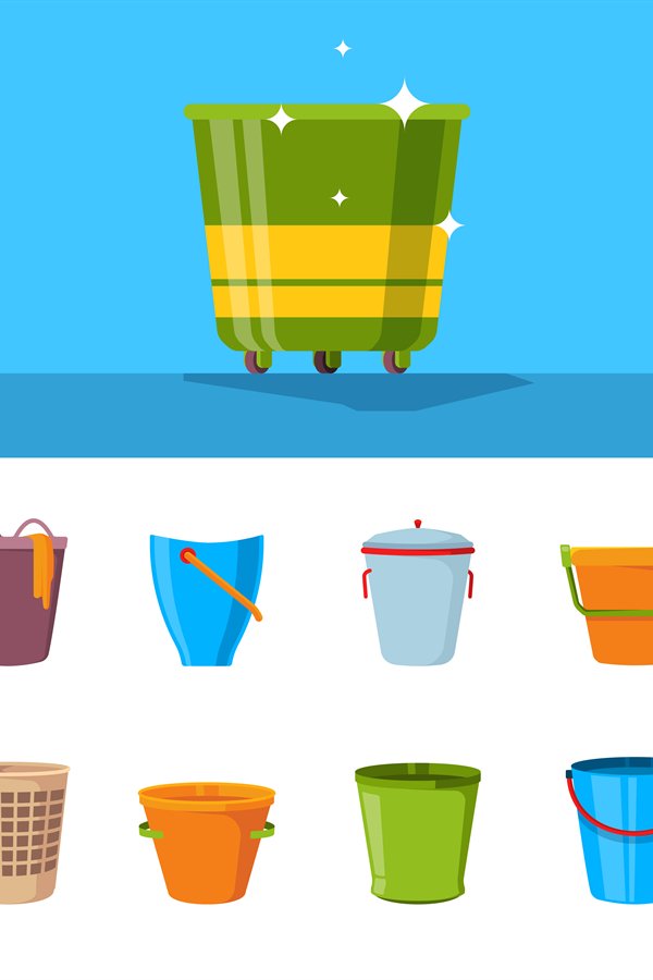 Bucket cartoon. Plastic wooden and metallic empty containers