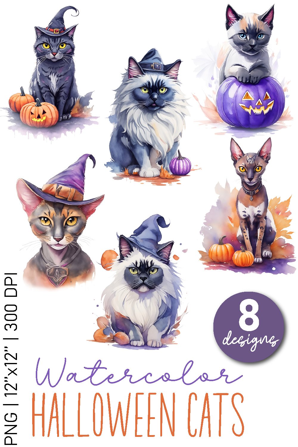 Watercolor Halloween cats sublimation PNG | 8 designs
