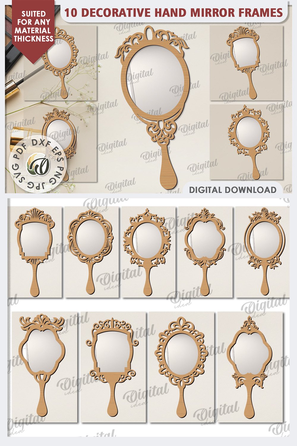 Decorative Hand Mirror Frames Laser Cut Bundle. Frames SVG