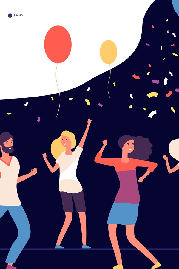 Party landing. Happy young persons dance, celebrate on corpo