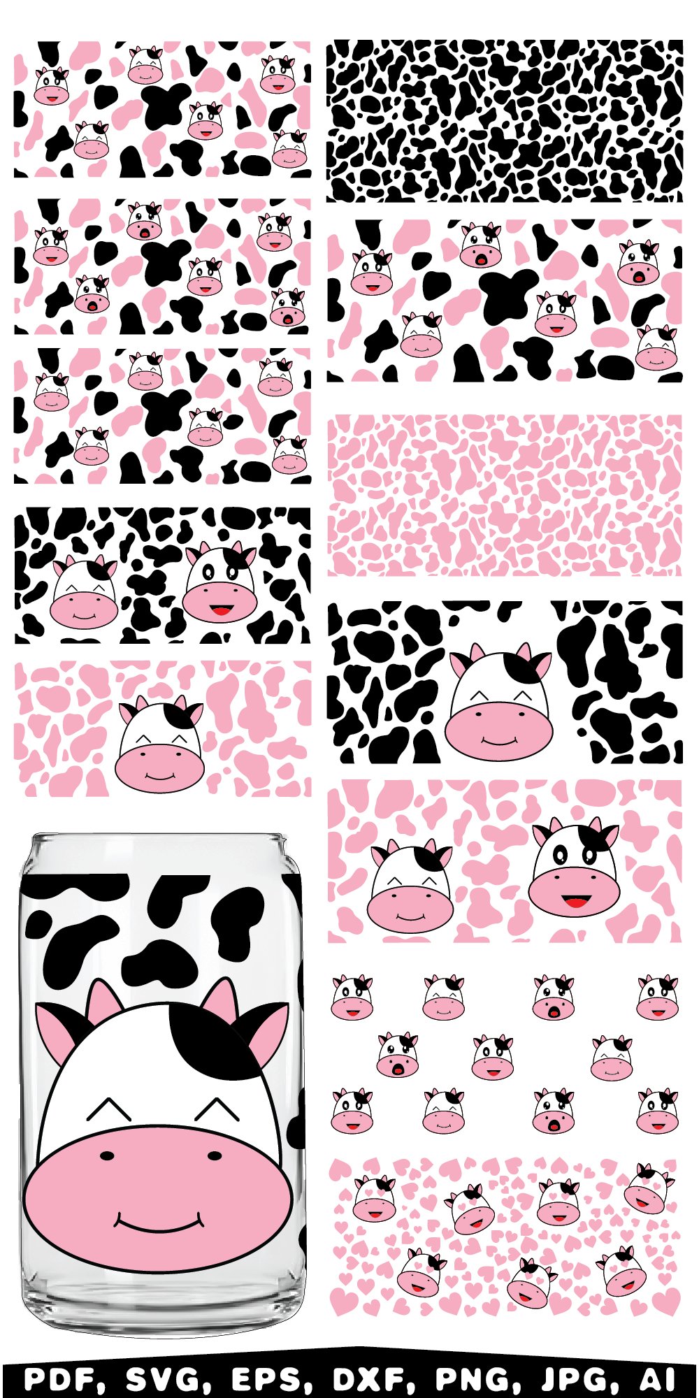 cow print glass wrap svg, baby cow Libbey Glass Can Wrap svg