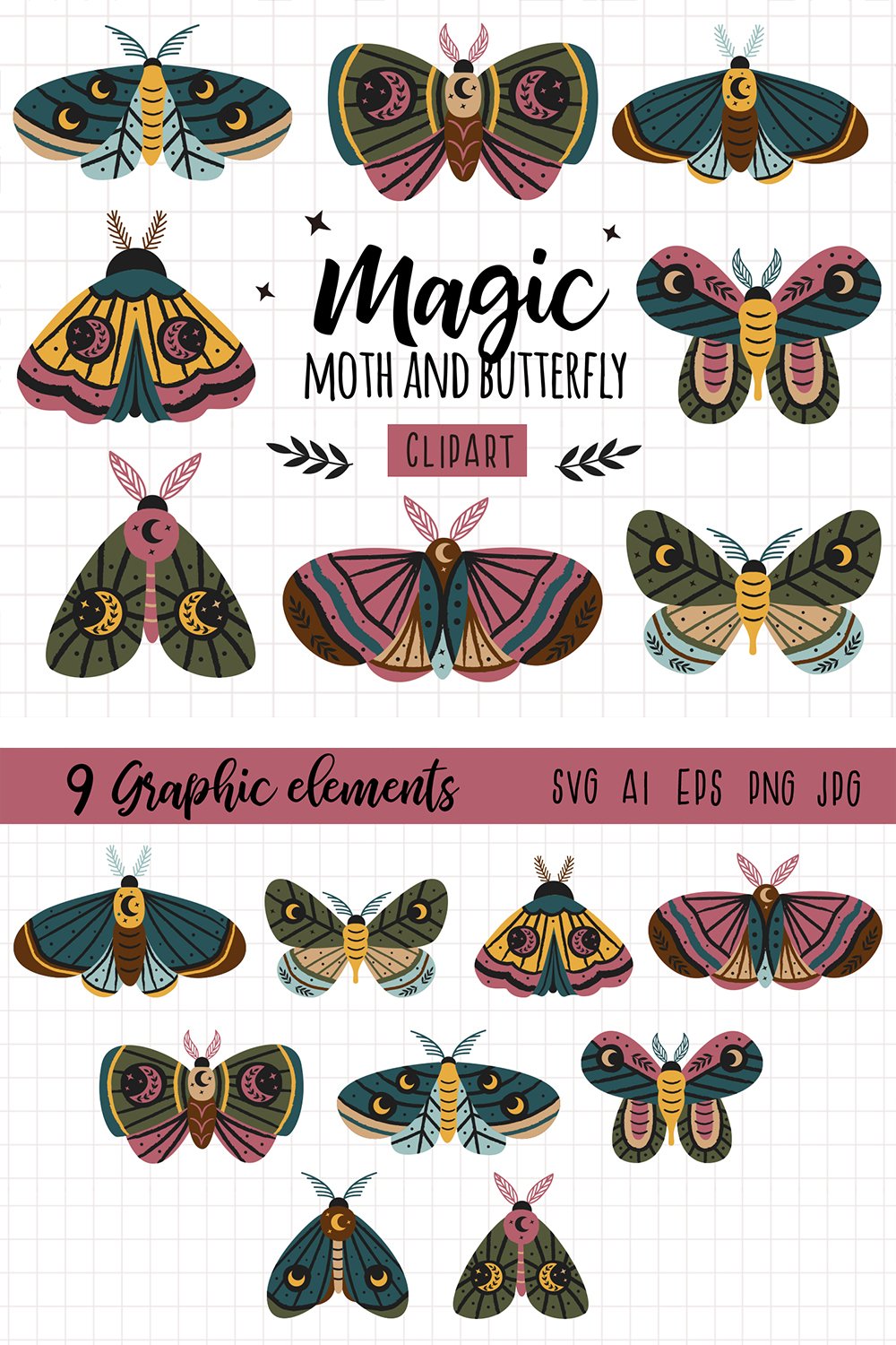 Celestial moth svg, Boho butterfly clipart, (2640396)