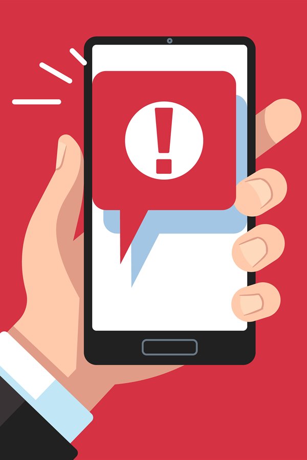 Alert message mobile notification. Hand holding smartphone w