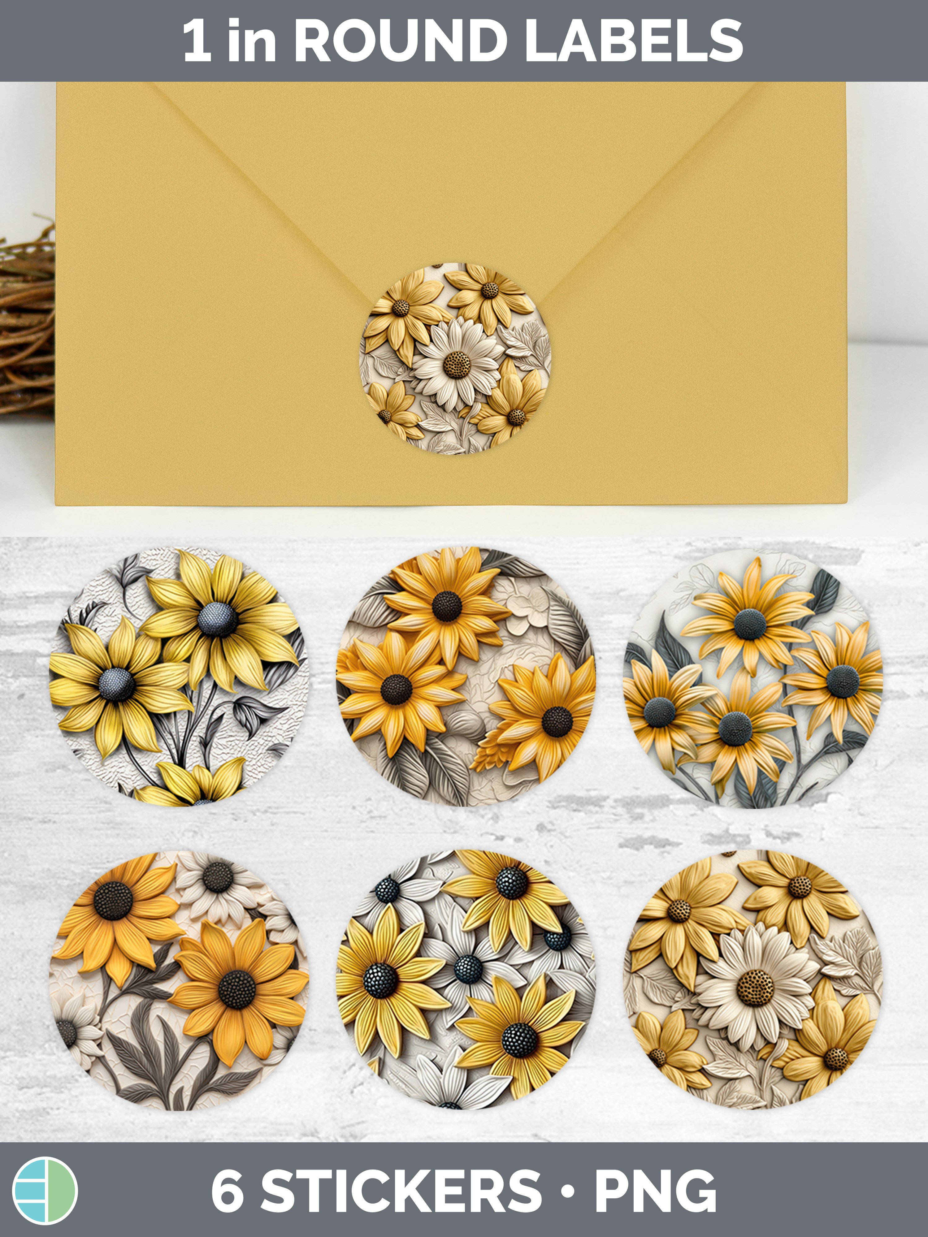 3D Black-eyed Susan Flowers Stickers | Round Labels Designs