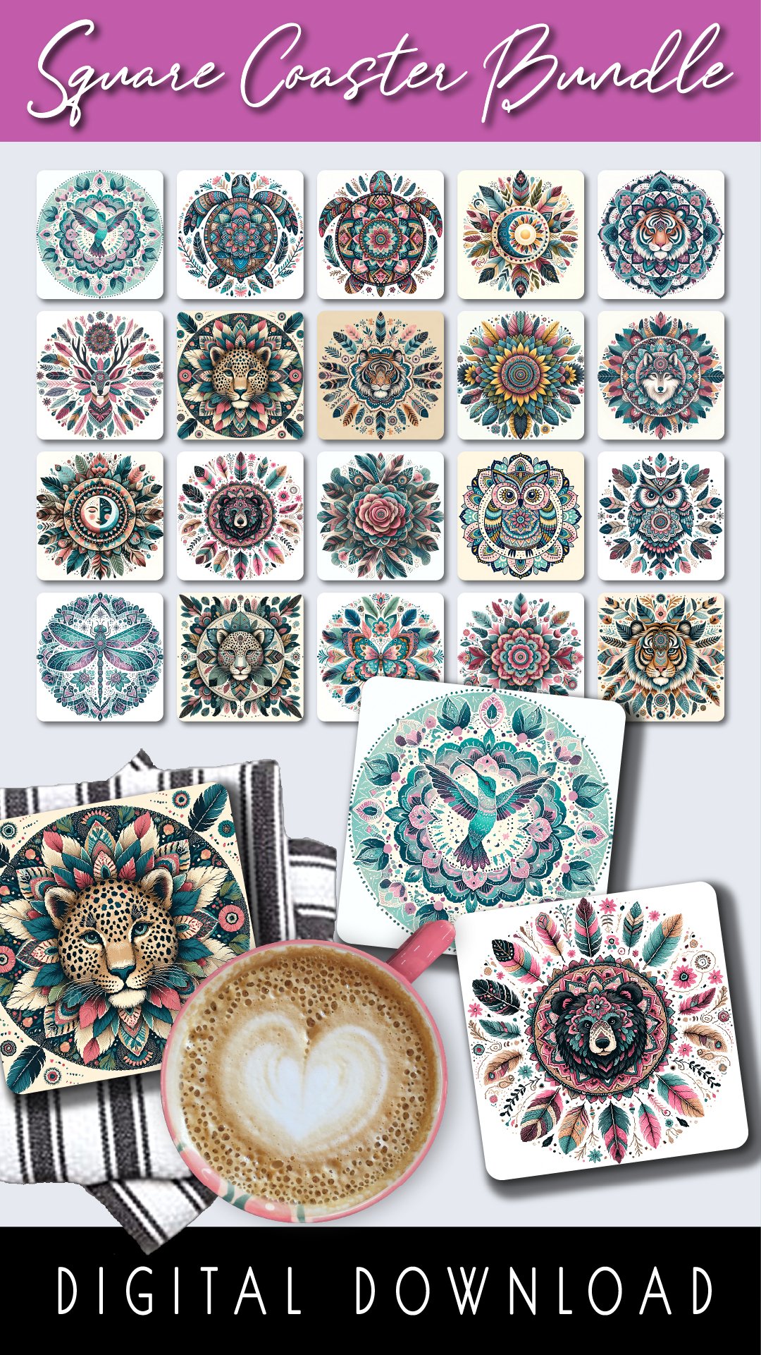 Mandala Coaster Bundle, Boho Square Coaster Sublimation