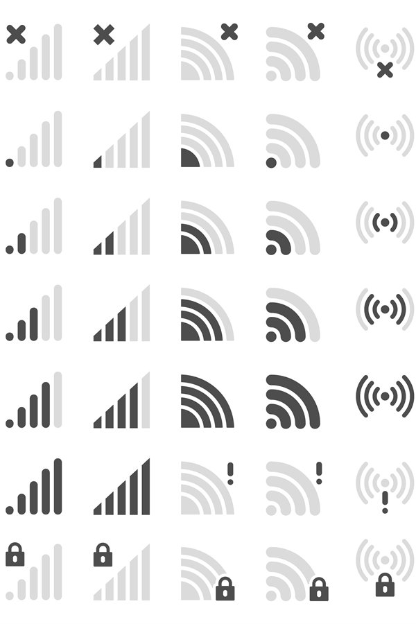 Mobile phone bar icons. Smartphone battery charge level, wif