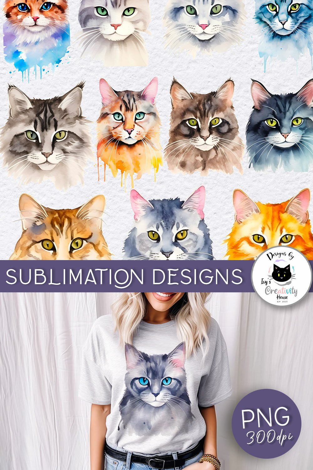 Watercolor Cat Clipart | 18 Cat Sublimation Designs