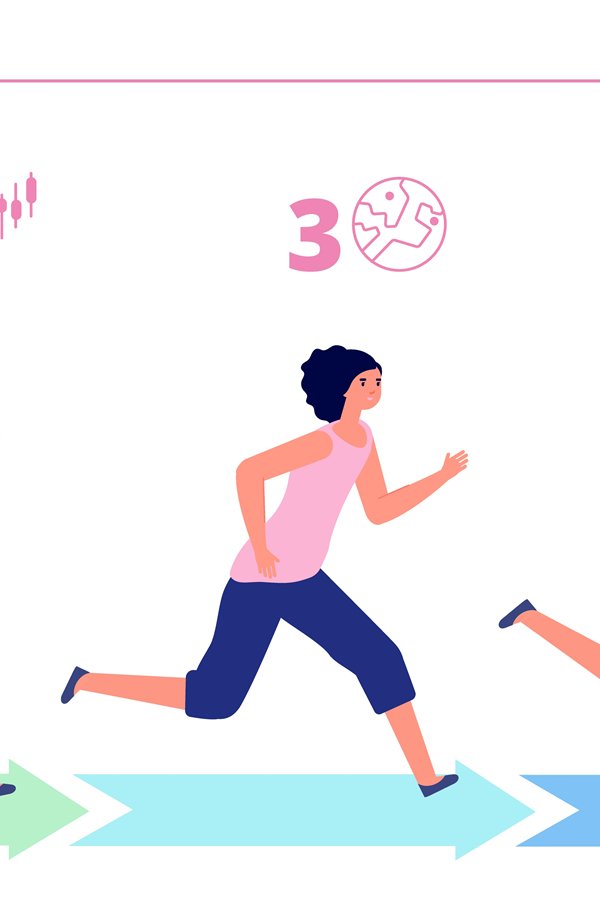 Woman work progress. Timeline career, steps to success. Cart