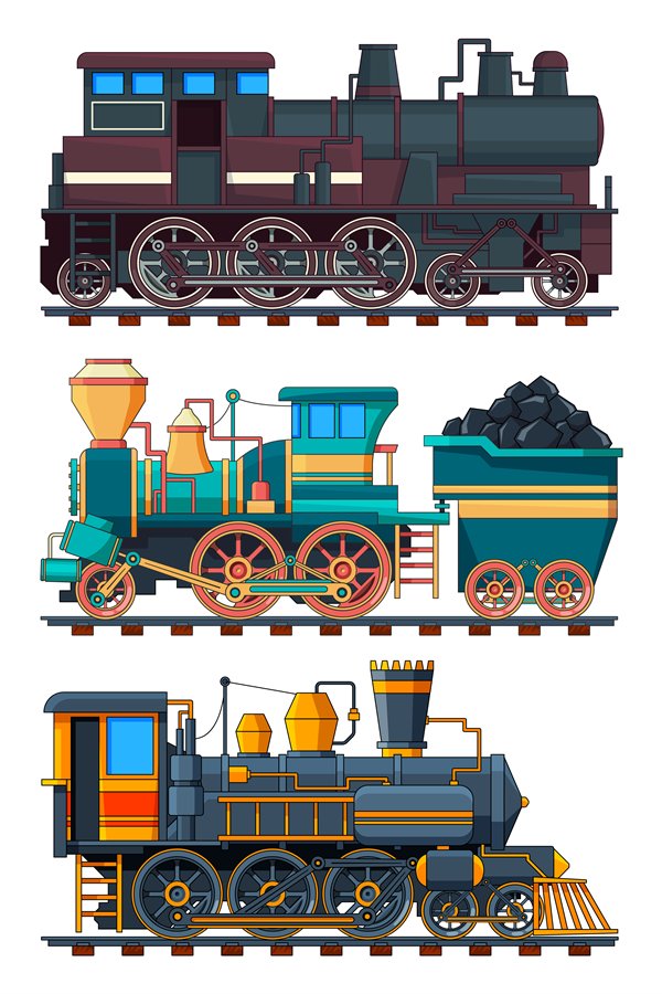 Colored cartoon pictures of retro trains