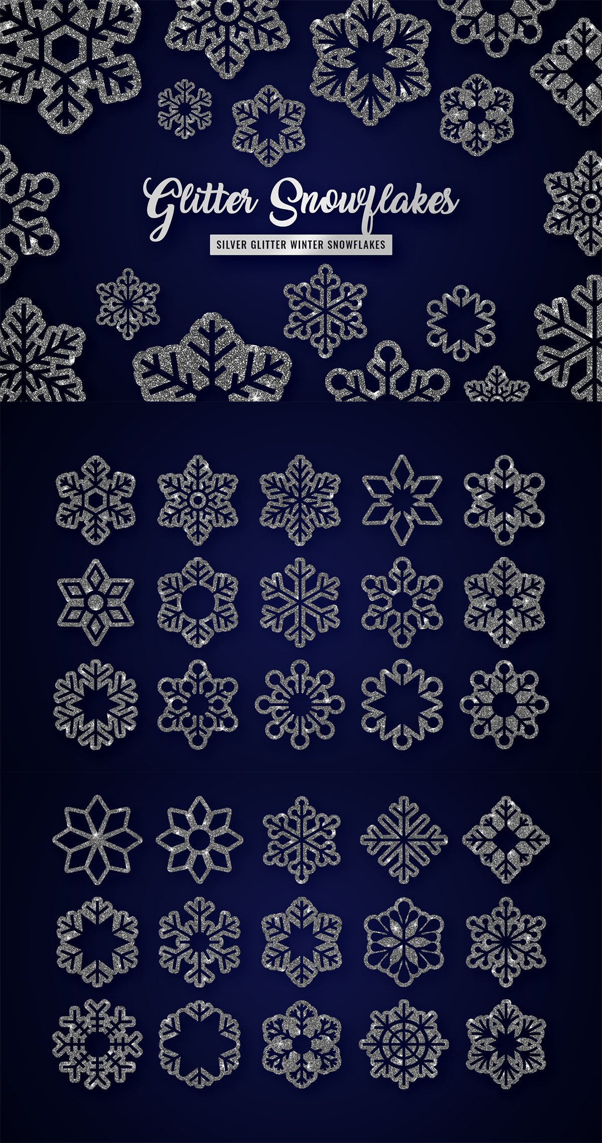Silver Glitter Snowflakes Winter Clipart