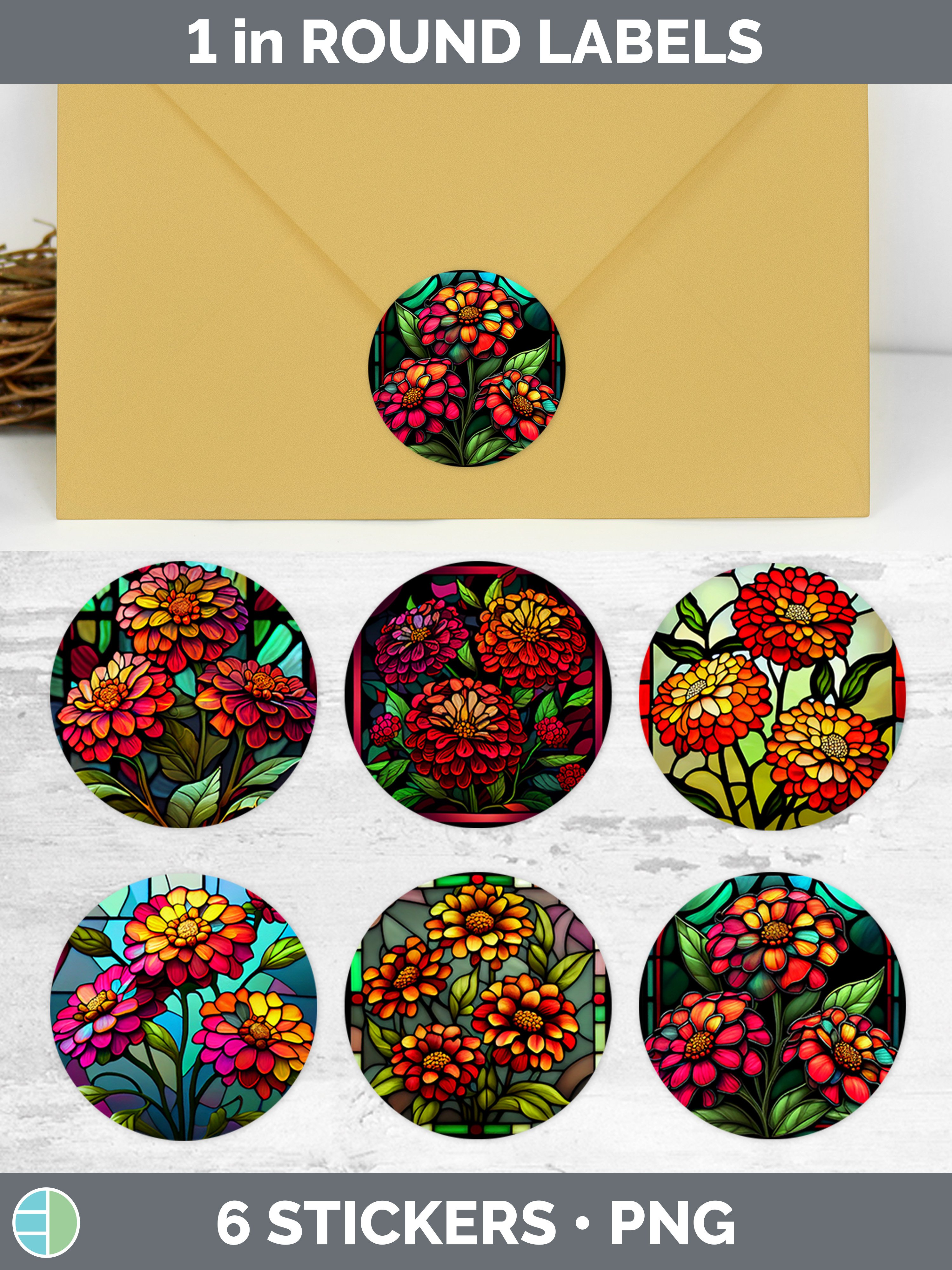 Stained Glass Zinnia Flowers Stickers | Round Labels Designs