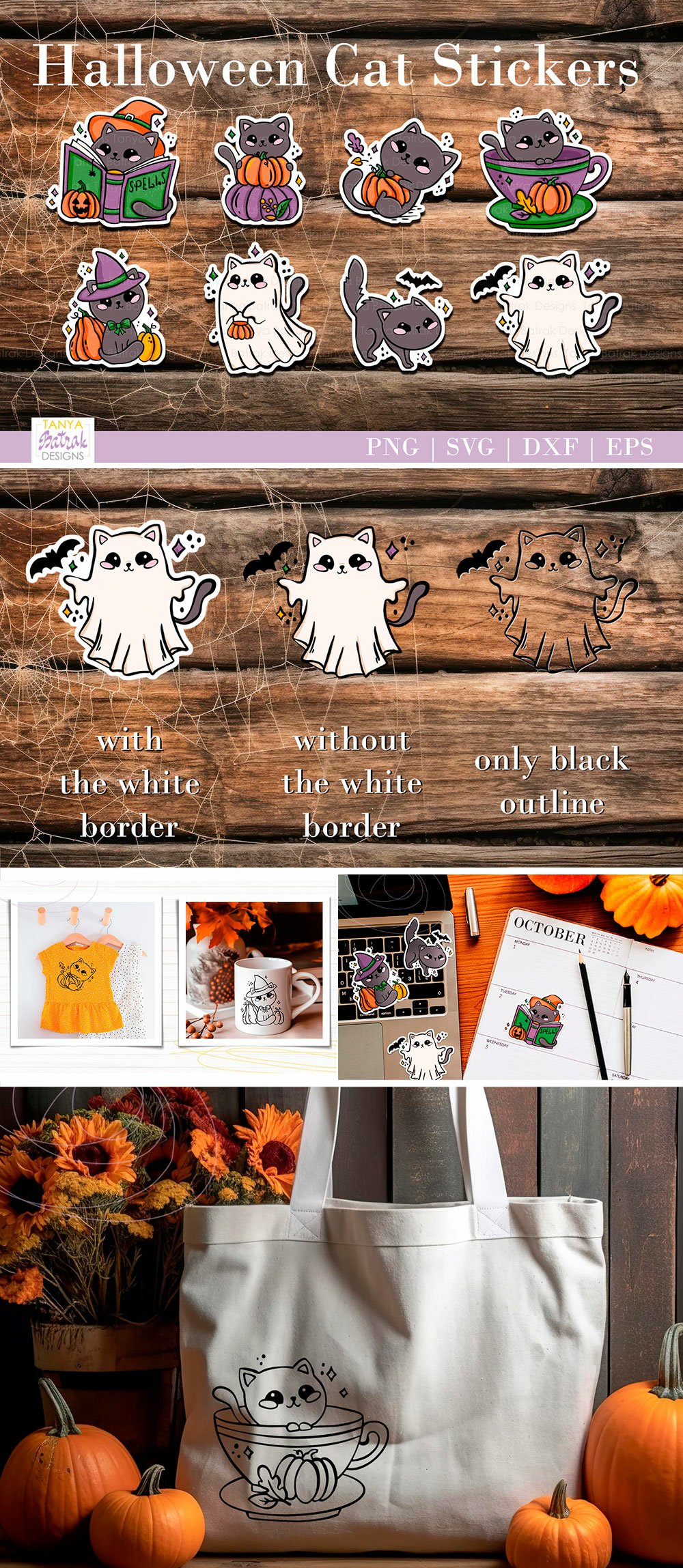 Halloween Fall Cat Stickers | Printable, Black Outline SVG