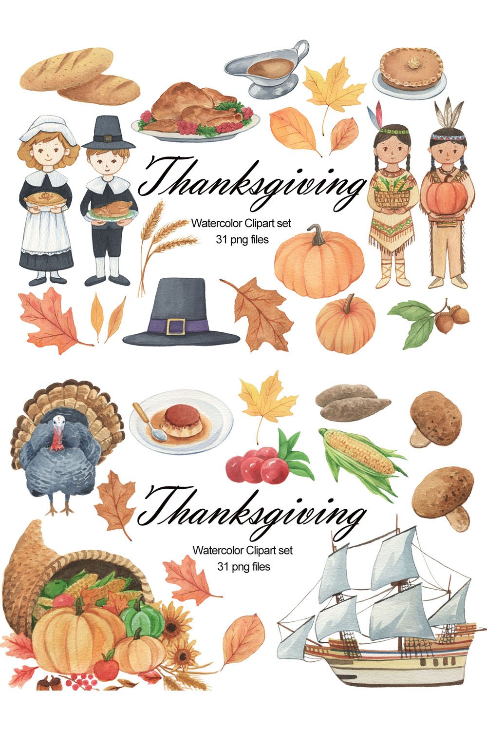 Thanksgiving Clipart, Watercolor Clipart