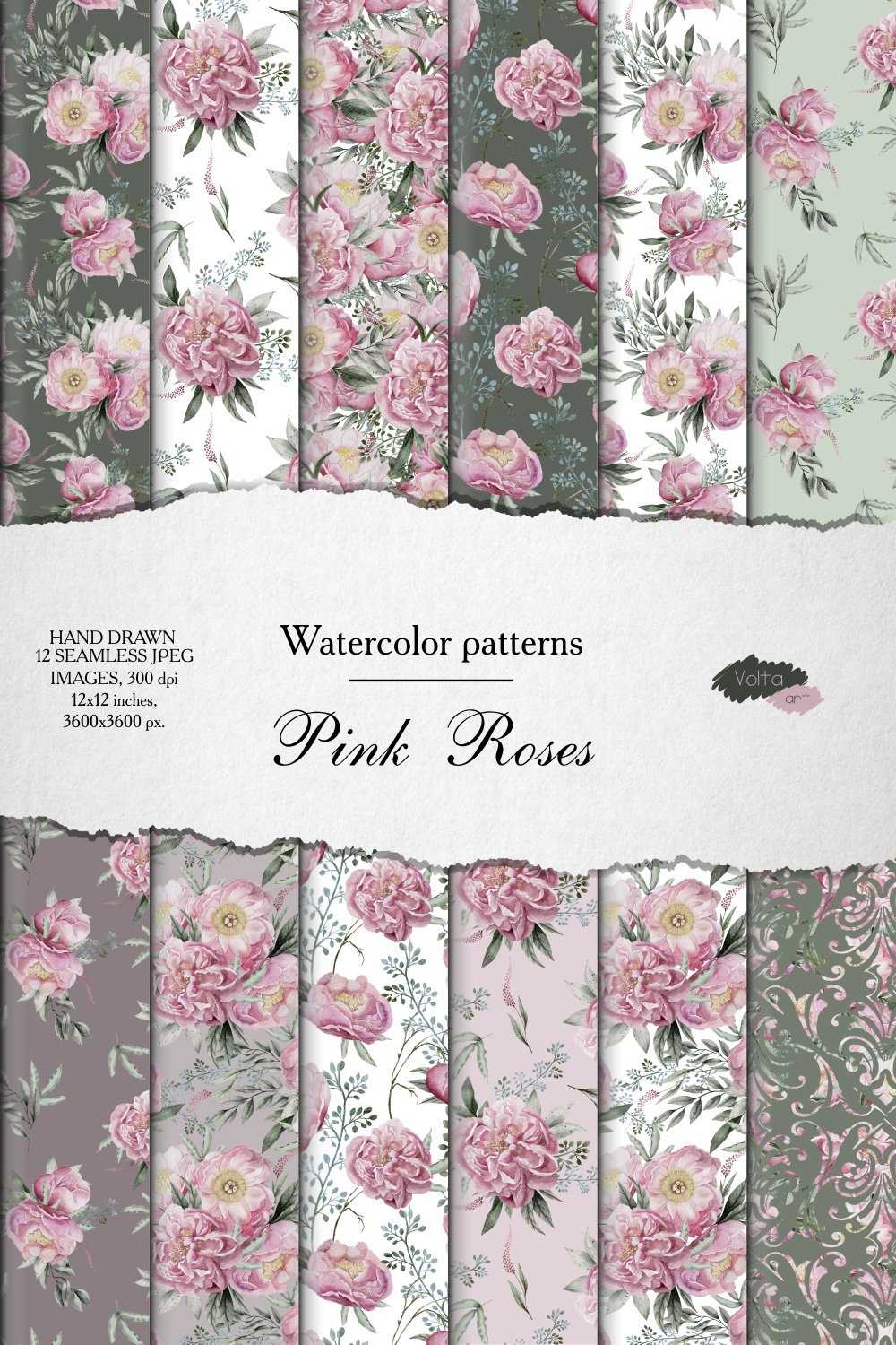 Watercolor Pink roses patterns Digital Paper, Pastel peony