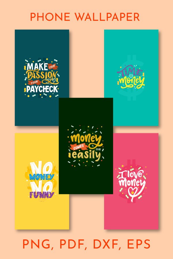 Bundle of phone wallpapers. Money concept. PNG 300 dpi