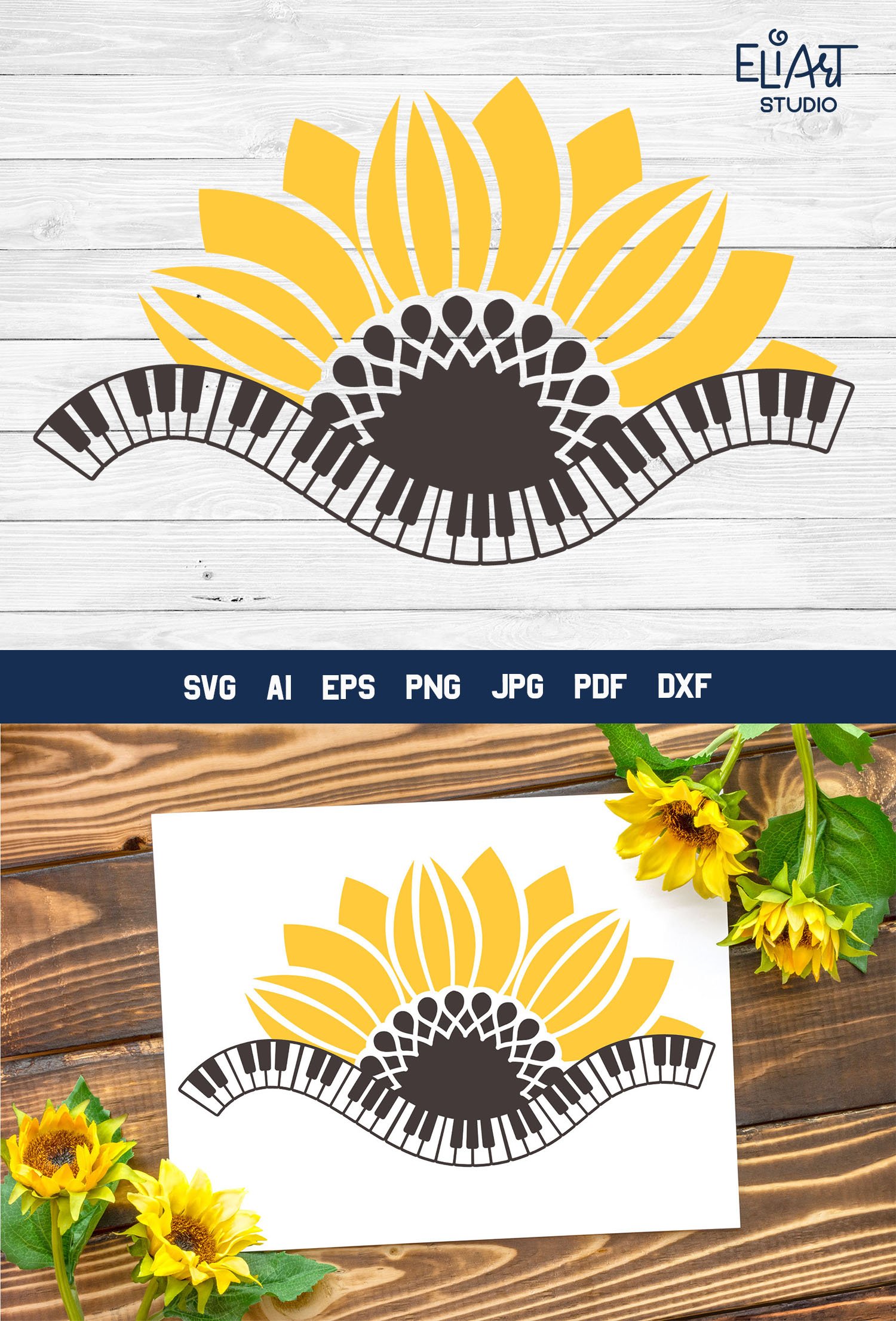 Music SVG Floral Design | Sunflower PNG with Music Keyboard