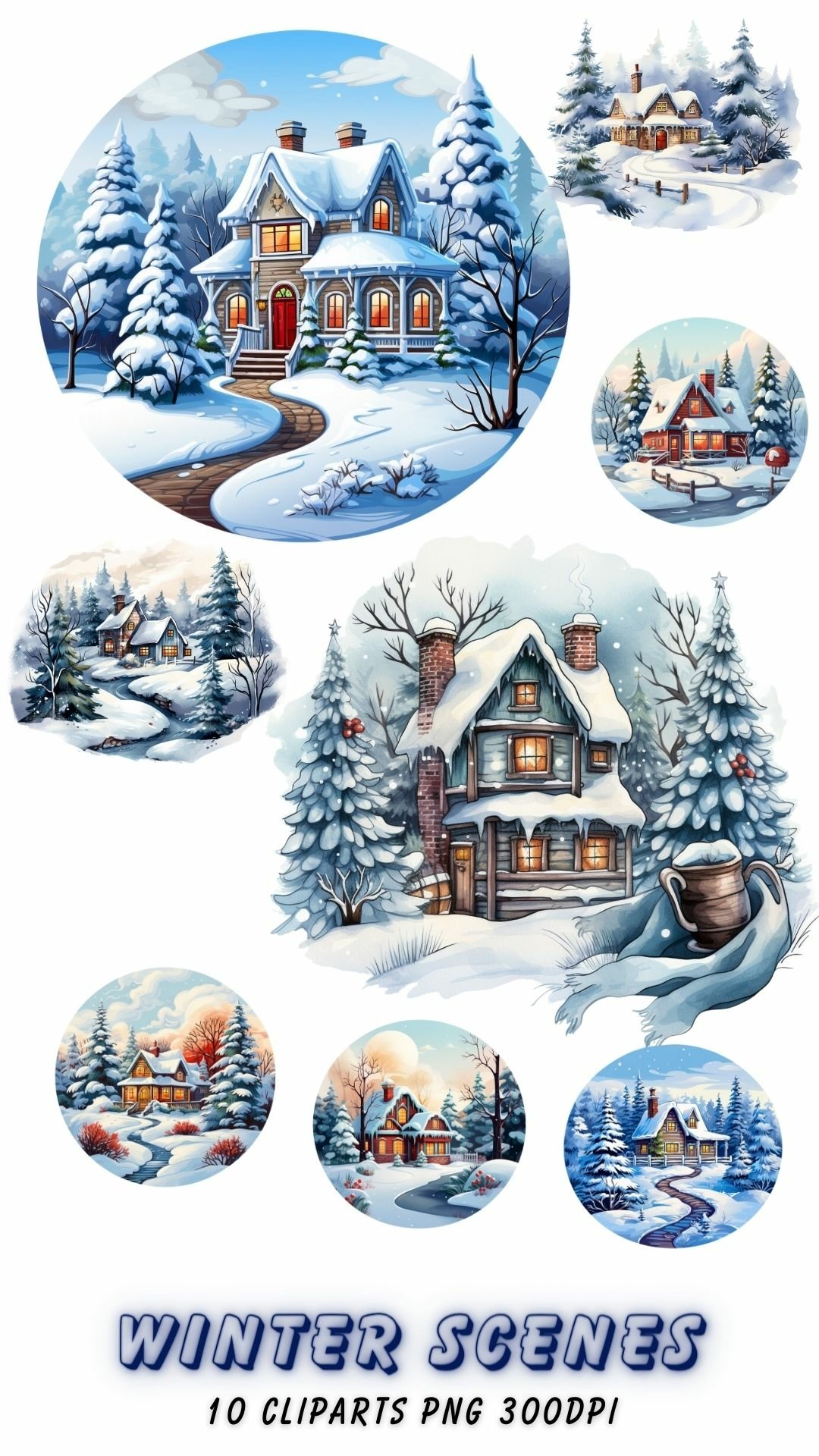 Cozy Winter Scenes Clipart | Winter Illustration Sublimation