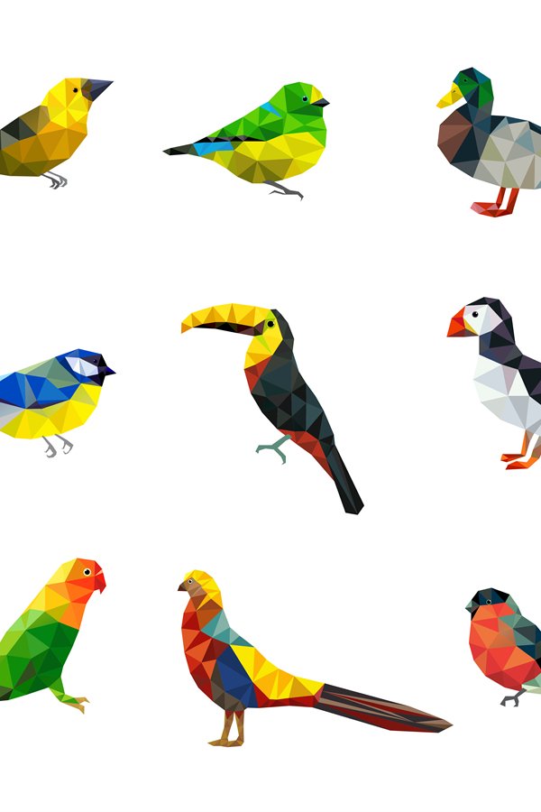 Polygonal birds. Triangle abstract shapes graphic flying bir