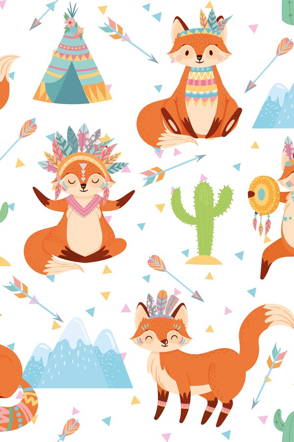 Seamless tribal fox pattern. Cute foxes in Indian feather wa